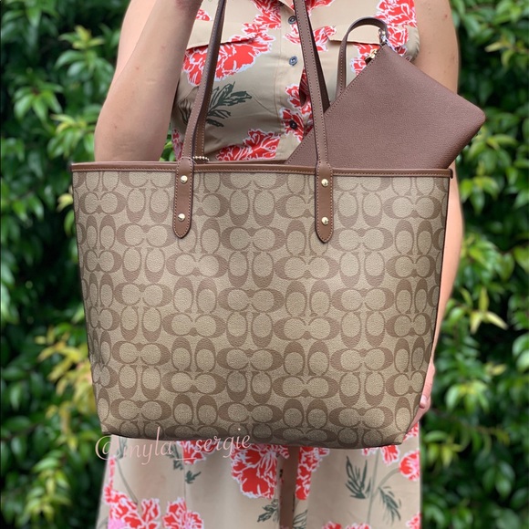 Coach | Bags | Coach Signature Reversible Pvc Brown Khaki Tote | Poshmark